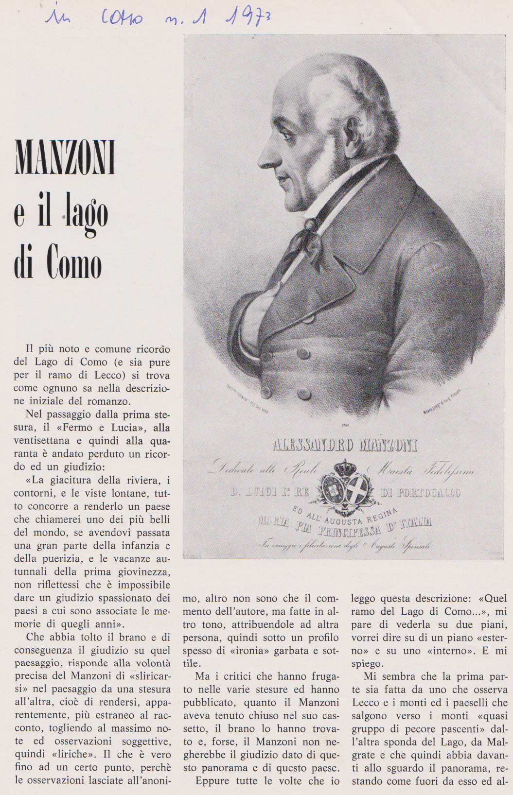 MANZONI e il Lago di Como, articolo di Claudio Cesare Secchi, in ...